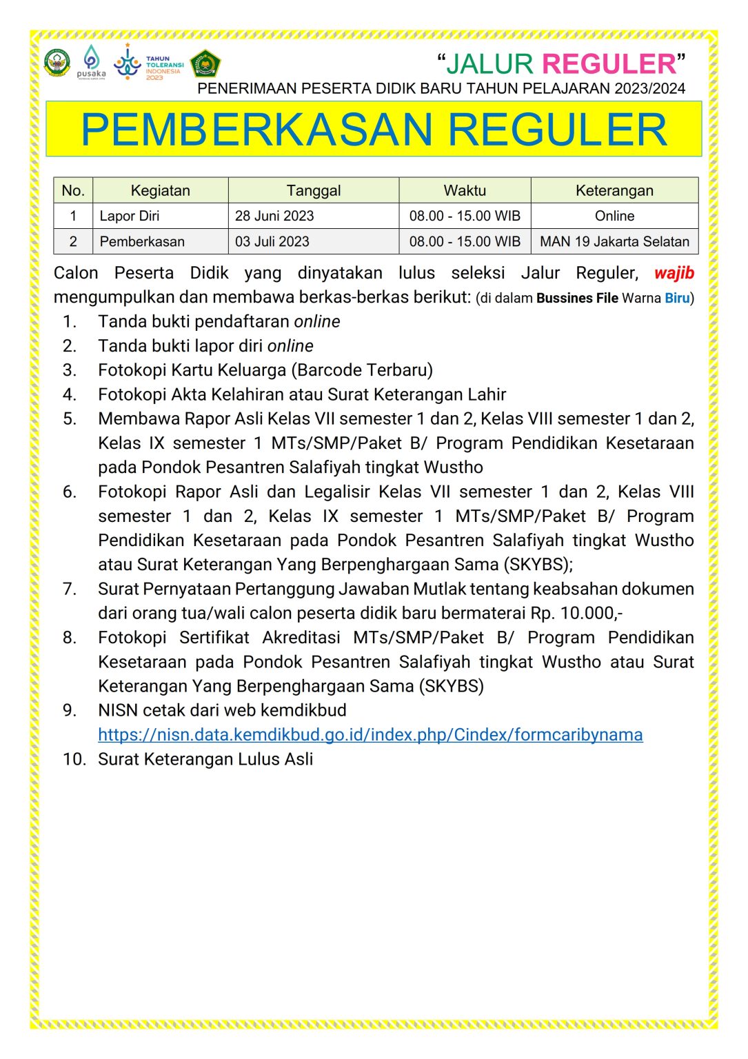 Daftar Ulang Online dan Pemberkasan Offline di MAN 19 Jakarta Selatan Jalur Reguler PPDB Tahun ...