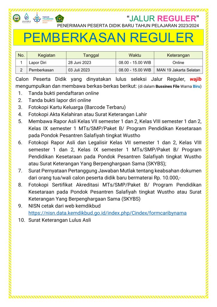 Daftar Ulang Online dan Pemberkasan Offline di MAN 19 Jakarta Selatan Jalur Reguler PPDB Tahun ...